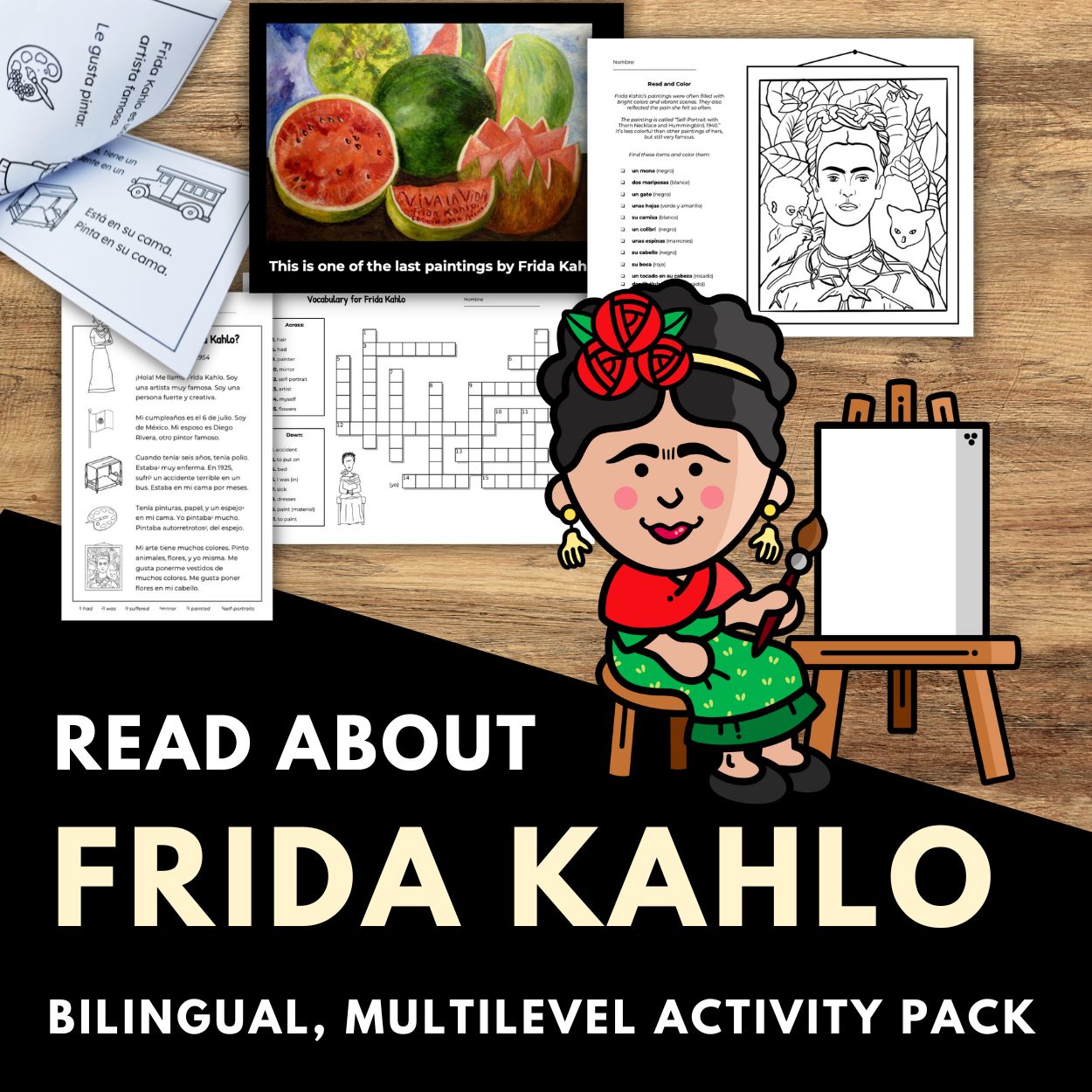 Frida Kahlo Mini-Book, Reading Text, Slides, & Activities in Spanish/E ...