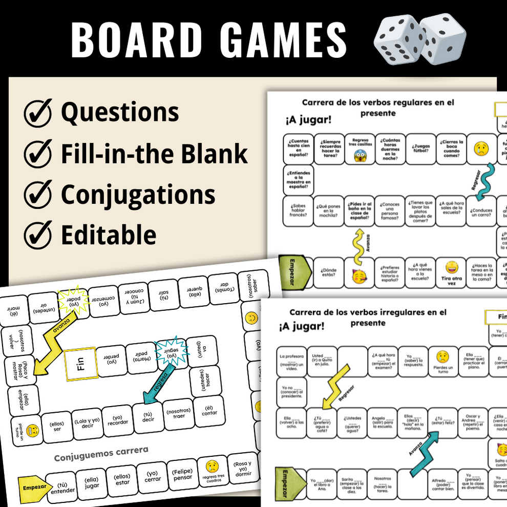 8 No-Prep, Editable Games for Irregular Verbs in Spanish (Present Tens ...